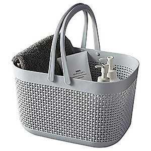 FEOOWV Plastic Bathroom Storage Basket with Handle, for Storing Bathroom Body Wash, Shampoo, Conditioner, Lotion (Grey, 1Pc)