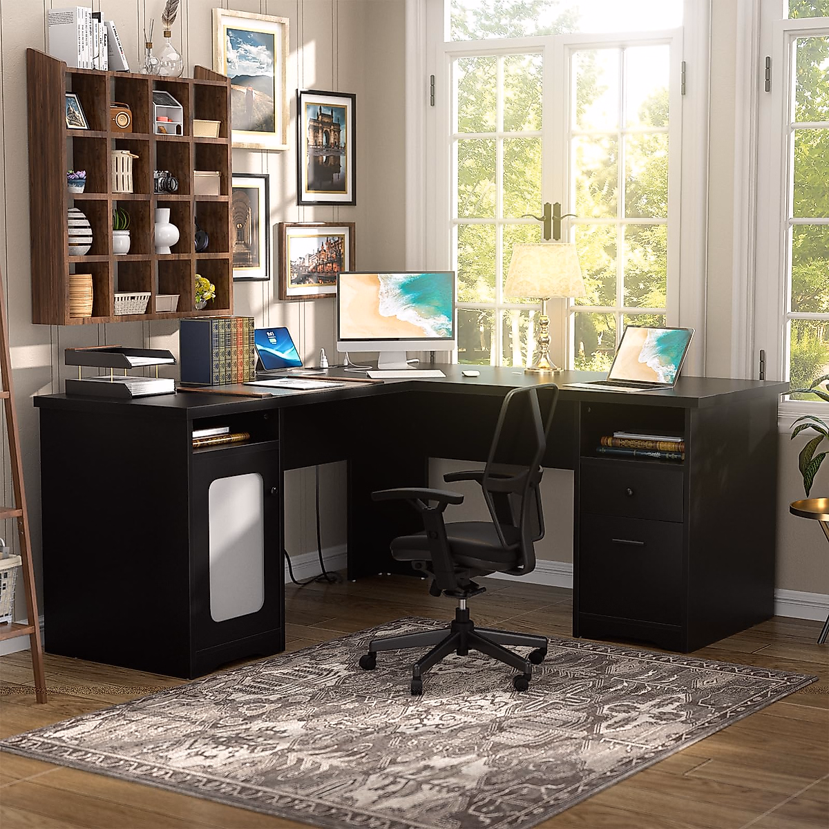 Unikito L Shaped Desk with Drawers, 60 Inch Office Desk with Power Outlet & USB Charging Port, Large Corner Computer Desk with File Cabinets, 2 Person Sturdy Executive Desk with Storage Cabinet, Black