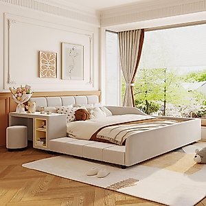 Queen Size Upholstered Grounded Bed,Mother & Child Bed with Bedside Desk and Little Round Stool,for Kids Boys Girls Bedroom Use (Beige@Desk, Queen)