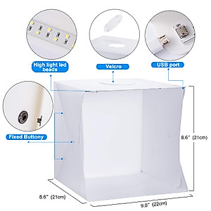 Mini Photo Studio Box, 9 x 9 Inches Shooting Tent Kit, Foldable Photography Booth With 2 x 20 LED Beads + 6 Colors Backdrops