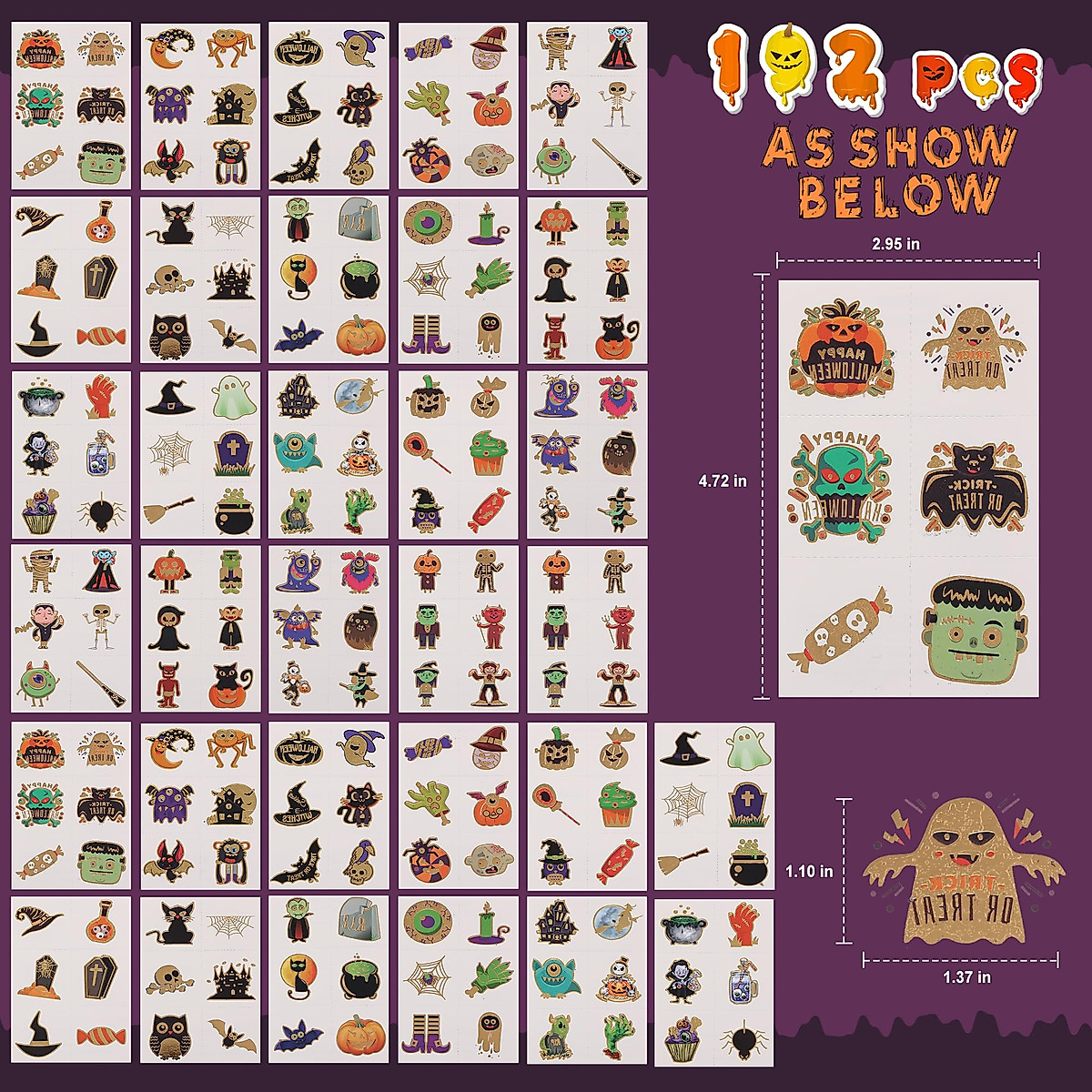 192 PCS Halloween Temporary Tattoos for Kids, Halloween Assorted Waterproof Fake Pumpkin Temp Tattoo Sticker for Boys Girls Goody Bag Stuffers Prizes Party Favors