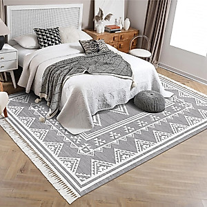 RUGSREAL Large Living Room Rug 8x10 Washable Boho Accent Area Rug with Tassel Moroccan Bordered Non-Slip Stain Resistant Floor Cover Farmhouse Geometric Tribal Carpet for Bedroom Nursery, Grey
