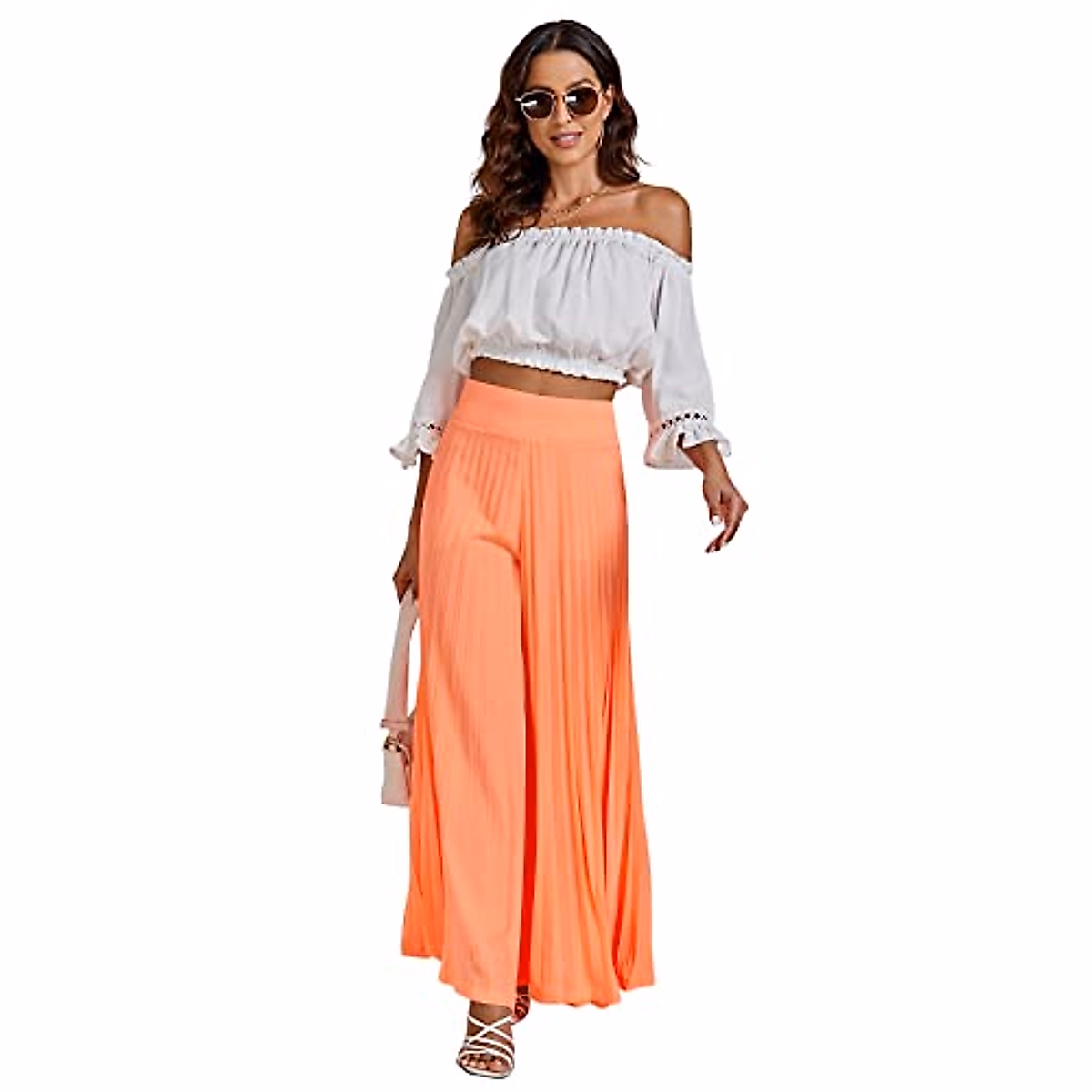 LYANER Women's Elastic High Waisted Wide Leg Palazzo Pants Loose and Casual Pleated Trousers Orange X-Large