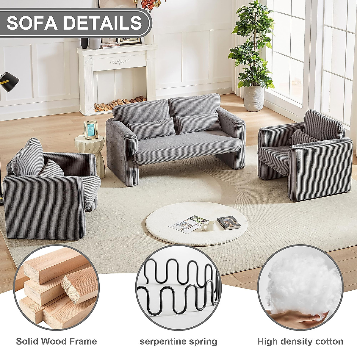 ATUMON 60" Corduroy Loveseat Sofa,Comfy Upholstered Leisure Lounge Chairs Single Sofa with 2 Waist Pillow for Bedroom,Living Room (Grey, 60" Corduroy Loveseat)