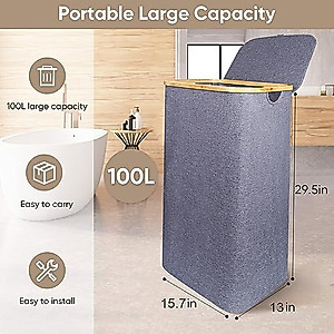 Laundry Hamper with Lid, 100L Large Hampers for Laundry with Handles, Foldable Laundry Basket with Removable Bags, Freestanding Laundry Hamper for Bedroom and Bathroom