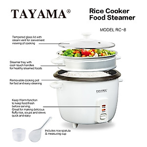 Tayama RC-8 Rice Cooker with 8 Cup Steam Tray, White
