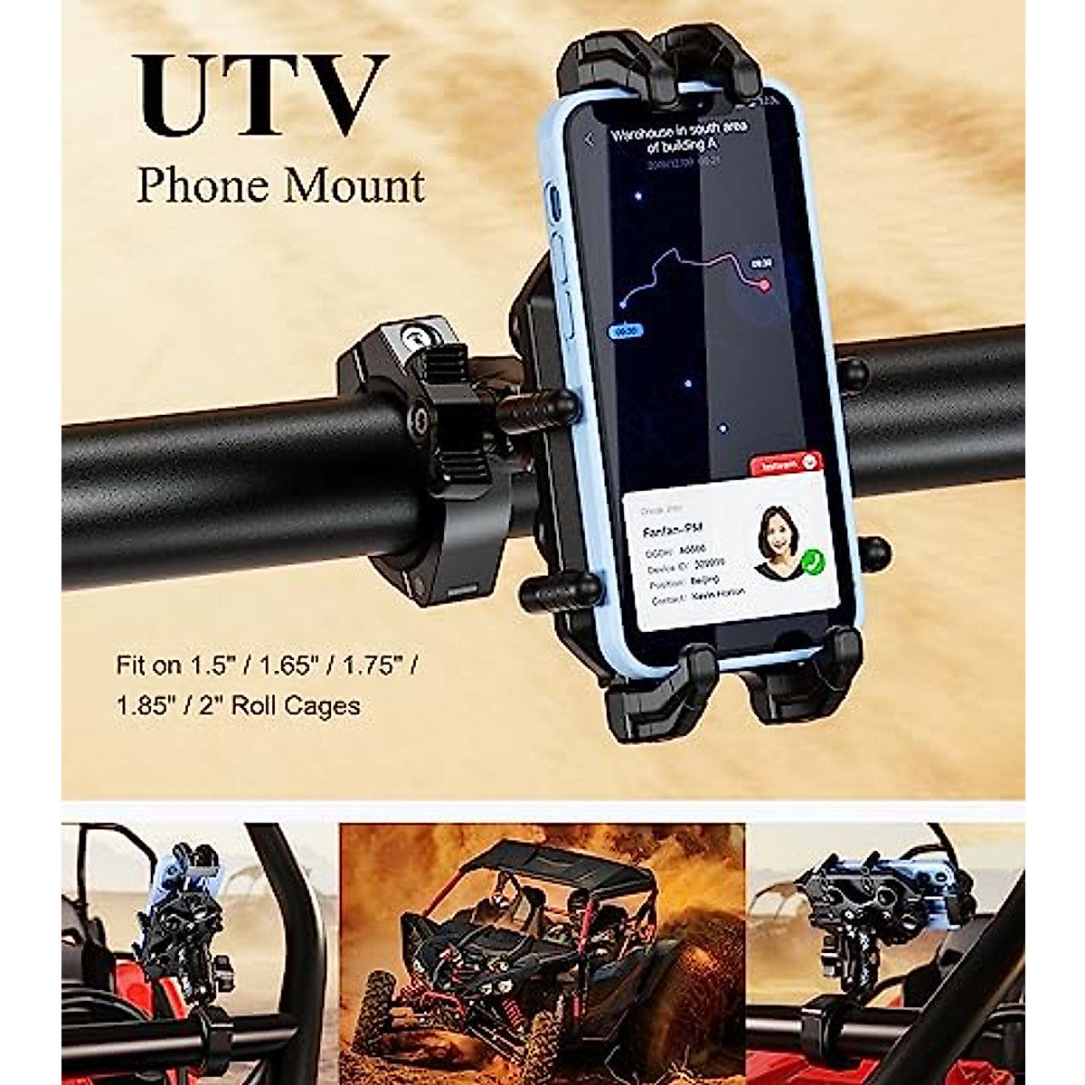 BRCOVAN UTV Phone Mount with Vibration Dampener & High-Speed Secure Lock, Anti-Theft UTV Roll Bar Cellphone Holder Fit Roll Cage Diameter 1.5'' 1.65'' 1.75'' 1.85'' 2'', for 5.4''-7.2'' Smartphones