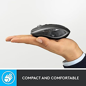 Logitech MX Anywhere 2S Wireless Mouse Use On Any Surface, Hyper-Fast Scrolling, Rechargeable, Control Up to 3 Apple Mac and Windows Computers and Laptops (Bluetooth or USB), Graphite
