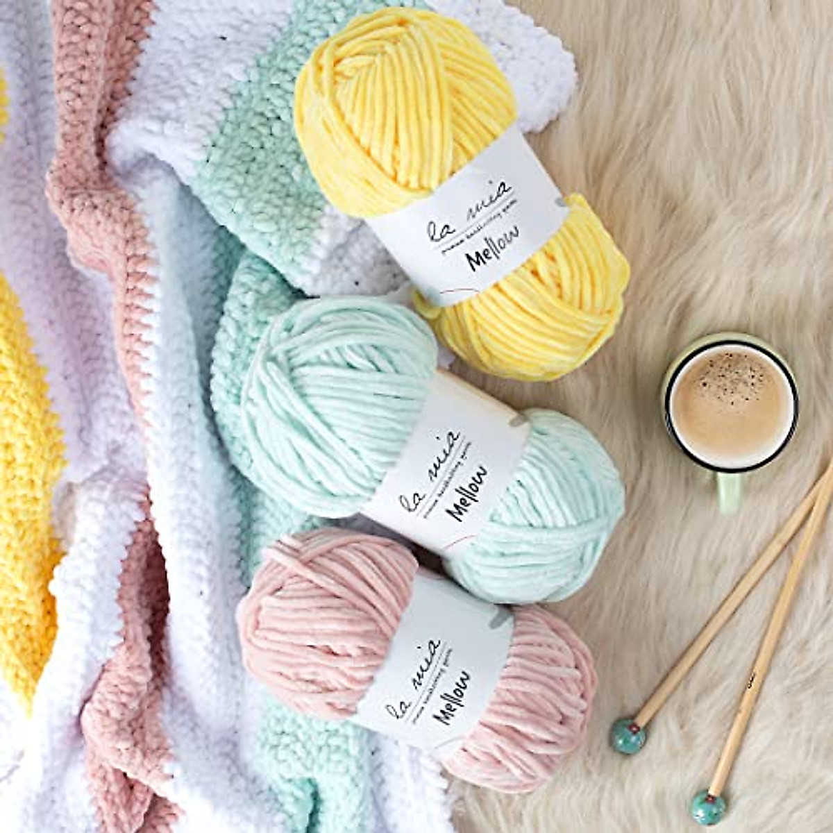 2 Skein La Mia Mellow Velvet Chenille Yarn for Knitting and Crocheting Baby Clothes, Blankets and Accessories, 100% Polyester, 100 gr (3.5 oz) / 115 m (125 Yards), Super Bulky, Cream - 910