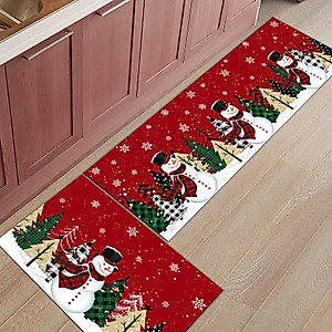Miaklek Christmas Kitchen Rugs Set of 2 Anti Fatigue Mats for Kitchen Floor Cushioned Kitchen Rugs and Mats Non Slip Kitchen Runner Comfort Standing Mat, Cute Snowman Xmas Tree Winter Snowflake Red