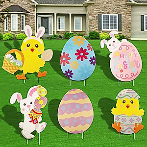 6 Pcs Easter Yard Signs Outdoor Easter Eggs Yard Signs Easter Yard Decorations Easter Lawn Decoration Easter Yard Art Decoration with 12 Plastic Stakes for Garden Lawn Yard Easter Props Decoration