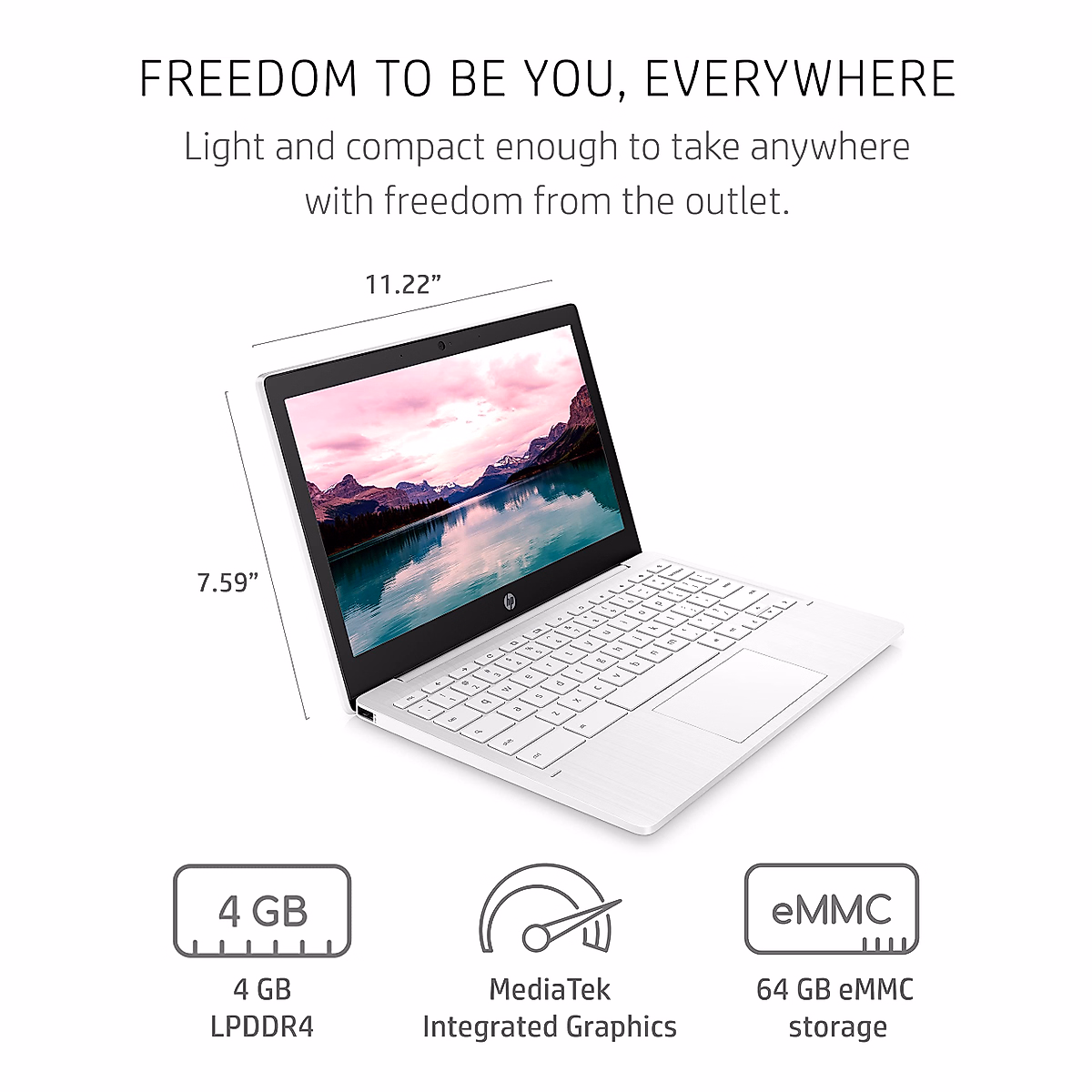 HP Chromebook 11 Laptop, MediaTek MT8183, 4 GB RAM, 64 GB eMMC, 11.6" HD Touchscreen, Chrome OS, Long Battery Life, USB-C Port, Custom-Tuned Speakers, Lightweight (11a-na0110nr, 2022, Snow White)