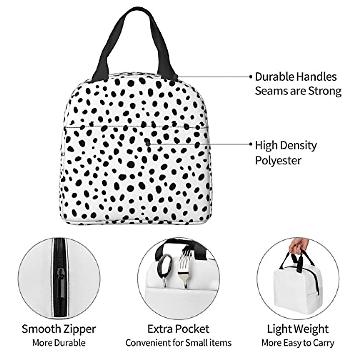 Cute Black Dot On White Lunch Box Bento Box Insulated Lunch Boxes Reusable Waterproof Lunch Bag With Front Pocket For Travel Office Picnic