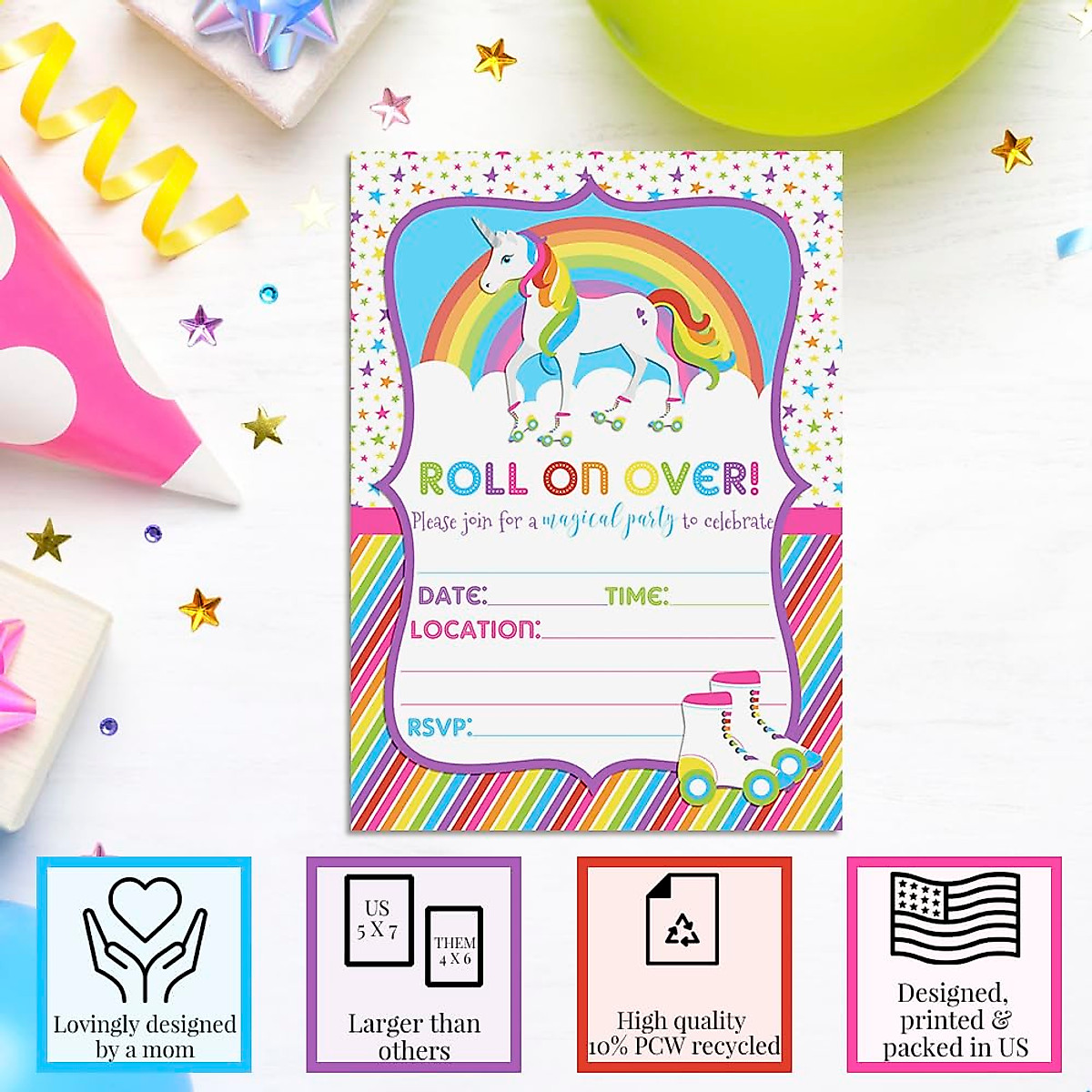 Colorful Unicorn Rainbow Roller Skating Birthday Party Invitations, 20 5x7 Fill In Cards with Twenty White Envelopes by AmandaCreation