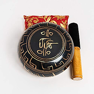 Satnam Tibetan Singing Bowl Set with Mantra Engravings | Meditation Sound Bowl | Handcrafted in India Great for Meditation, Stress & Anxiety Relief & Chakra (4 Inch, Black)