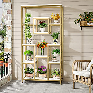 Tribesigns Bookcases and Bookshelves, 71” Tall Bookshelf with Metal Frame, Freestanding Geometric Bookcase with Open Display Shelf for Living Room, Bedroom, Home Office, White and Gold
