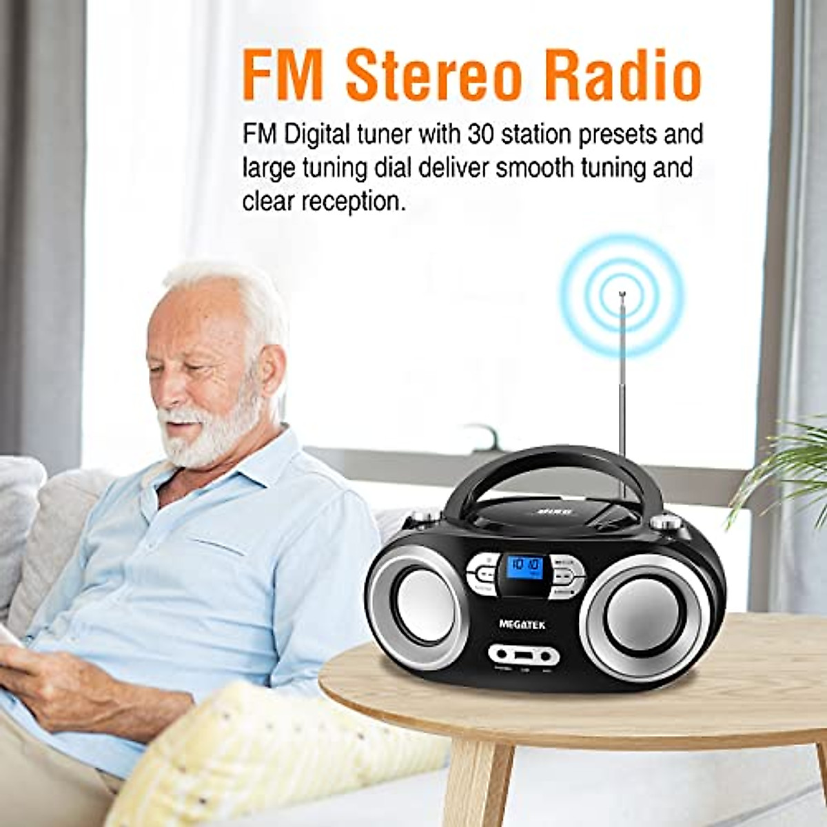 MEGATEK Portable CD Player Bluetooth Boombox with FM Radio, USB, Aux and Headphone Jack, CD-R/RW and MP3 CDs Compatible, Stereo System for Home with Dual Speakers, AC/Battery Operated - Black
