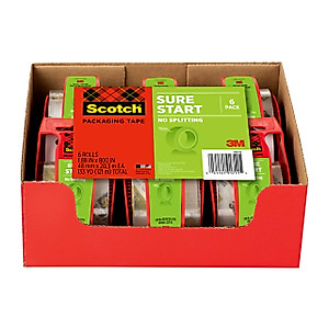 Scotch Sure Start Shipping Packaging Tape, 1.88"x 22.2 yd, Designed for Packing, Shipping and Mailing, Quiet Unwind, No Splitting or Tearing, 1.5" Core, Clear, 6 Dispensered Rolls (145-6)