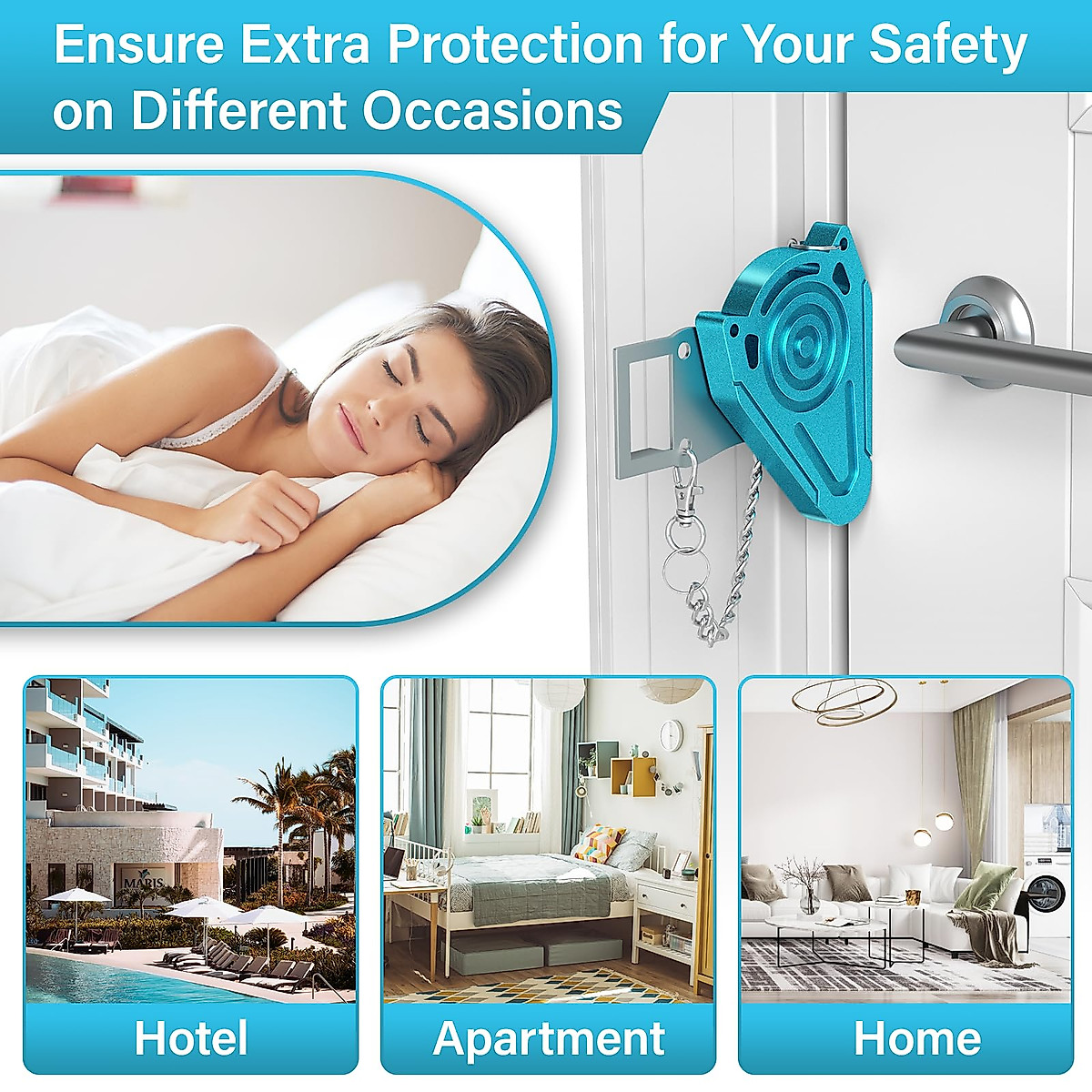 Metal Portable Door Lock for Travel Hotel Room Safety - Hotel Door Locks for Travelers Door Lock Security, Extra Lock from Inside, Apartment Home Security Device Travel Essentials,Blue