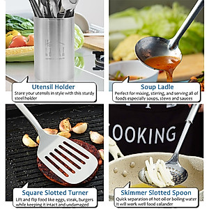 Stainless Steel Kitchen Utensils Set - 11pcs Cooking Utensils Set, Utensil Set with Holder for Cooking, Heat Resistant Kitchen Utensils Sets with Potato Masher, Skimmer, Spoons, Turners, Whisk, Tongs