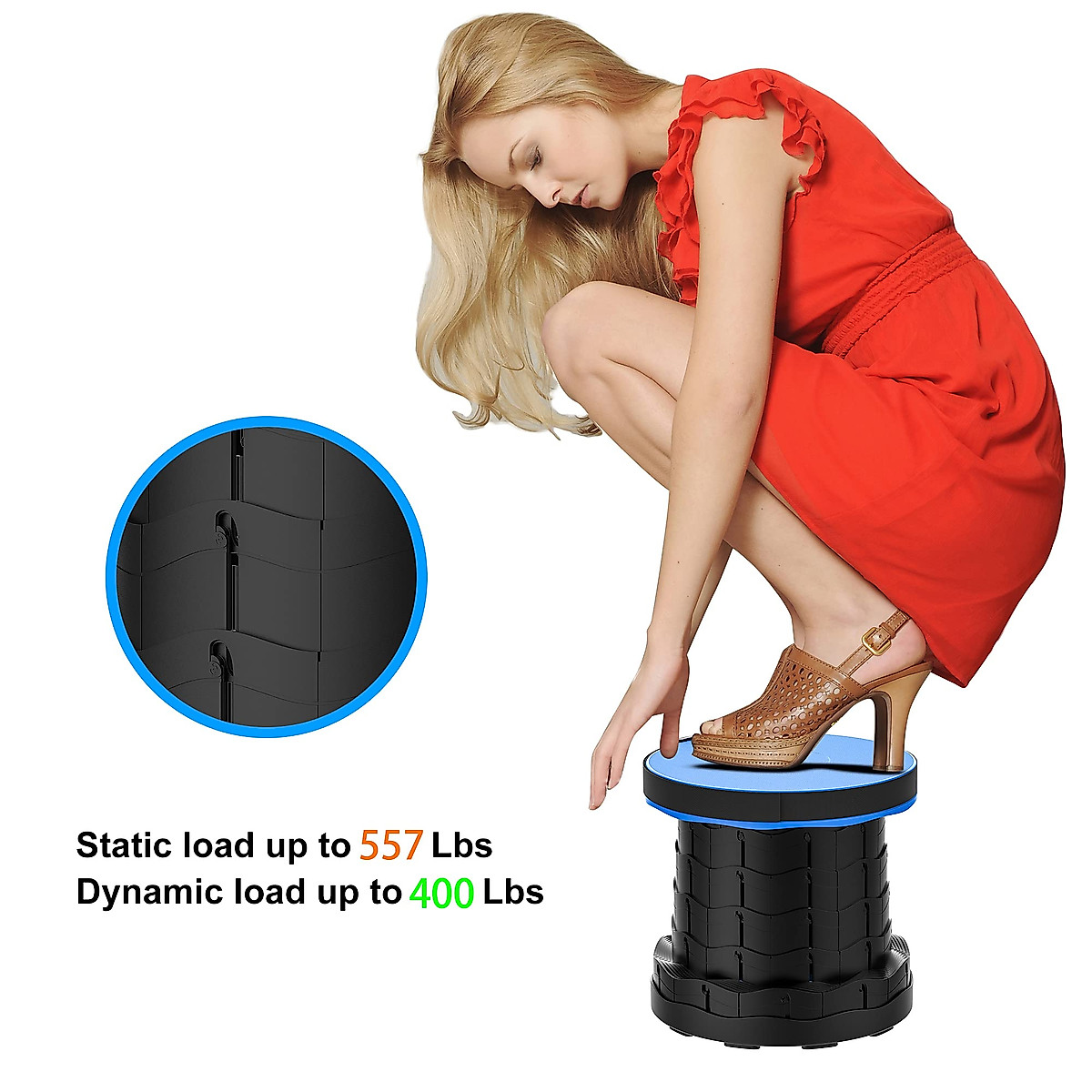 MOLAFI Telescoping Camping Stool, Collapsible Portable Stool, Adjustable Folding Stool for Shop Fishing Hiking BBQ Gardening, Max Load 557 LBs (Blue)