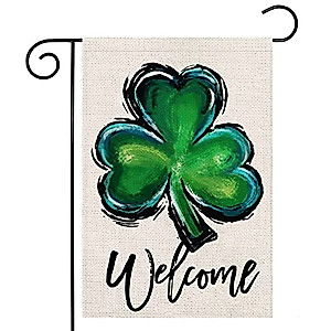 Welcome St Patrick's Day Shamrock Garden Flag for Outdoor,Watercolor Shamrock Small Yard Flag,Spring Saint Patrick Decors for Outside Holiday 12x18 Double Sided