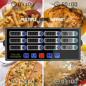 12 Channels Commercial Kitchen Timer Digital Display with Loud Alarm Adjustable Cooking Reminder for Home Restaurant, Multiple Channels for Twelve Multi-Event, Waterproof Fryer Turkey Timer, Black