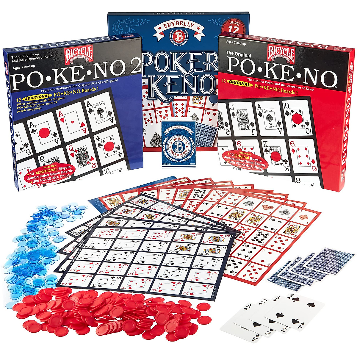 MBGBrybelly Ultimate Poker Keno + Expansion Cards Bundle for 36 Players - 36 Unique Jumbo Index Boards, 600 Chips, and Playing Cards - Family Casino Board Game Night Gift