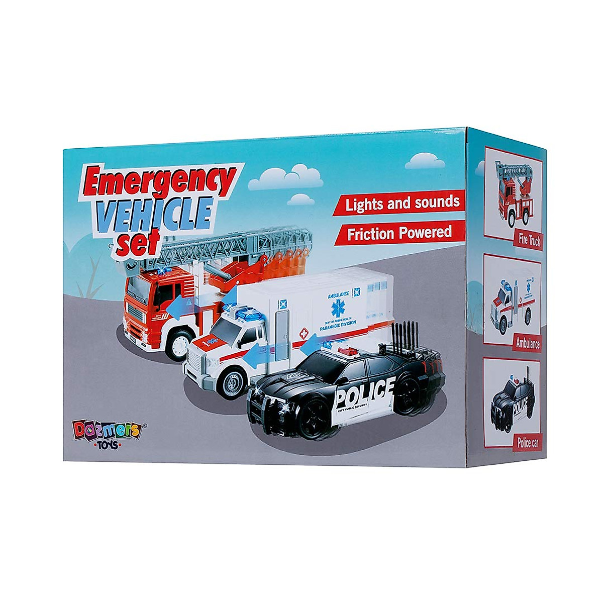 Dazmers Friction Powered City Hero Play Set Including Fire Engine Truck, Ambulance, Police Car for Kids, Boys and Girls - 3-Pack Emergency Vehicles with Light and Sound