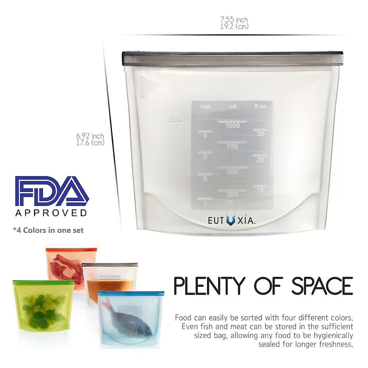 Eutuxia Reusable Storage Bags, Set of 4, Premium Lock Versatile Leak-proof Preservation Container, Plastic Free Sandwich Vegetables Fruit Lunch Snack Bag with Ziplock, Microwave & Freezer Safe