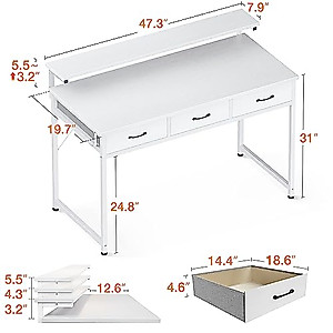 ODK 48 Inch Computer Desk with 3 Drawer and Large Storage Shelves, Home Office Desk with Monitor Shelf, Modern Work Writing Study Desk, White