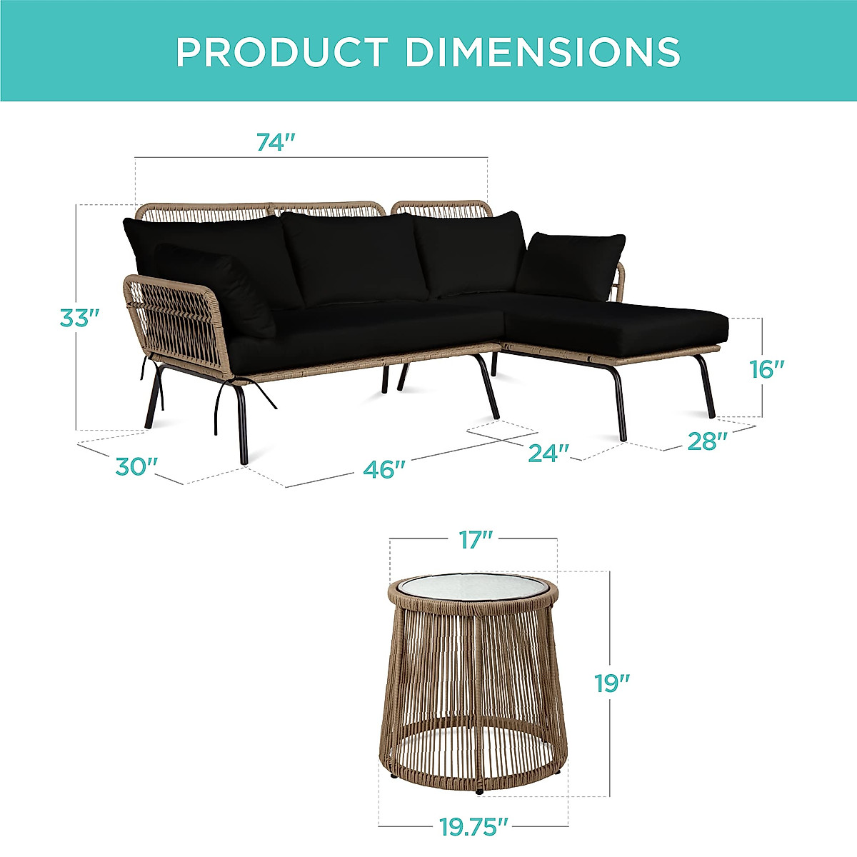 Best Choice Products Outdoor Rope Woven Sectional Patio Furniture L-Shaped Conversation Sofa Set for Backyard, Porch w/Thick Cushions, Detachable Lounger, Side Table - Natural/Black