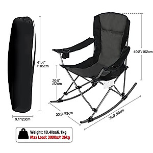 Varbucamp Camping Rocking Chair Outdoor, Folding Heavy Duty Rocker Patio Lawn Chair with High Back, Portable for Indoor Outside Garden, Black Padded Back