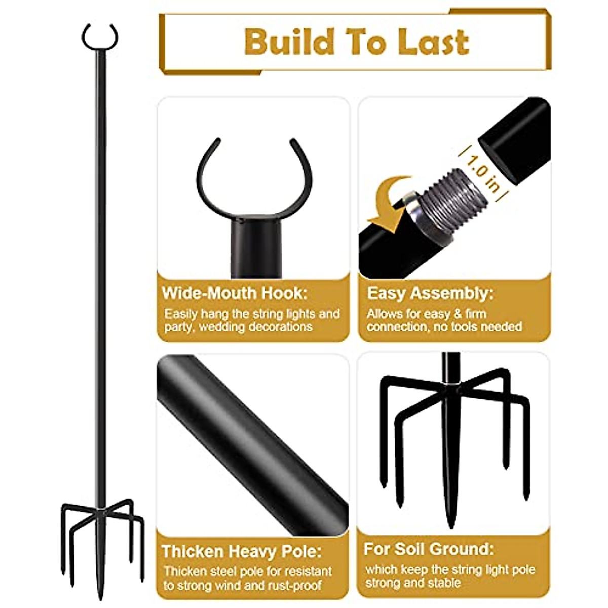 Derkniel 10 FT Outdoor String Light Pole Stand for Garden Lawn, Adjustable Globe Patio Light Post for Hanging Outside Decorate Lighting, 2 Packs