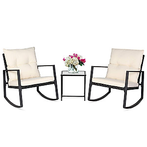 SUNCROWN 3 Piece Outdoor Rocking Bistro Set Black Wicker Furniture Porch Chairs Conversation Sets with Glass Coffee Table, Dark Grey