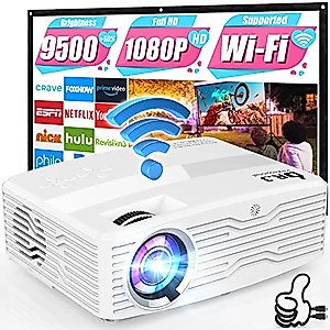 DR.J Professional Native 1080P 5G WiFi Projector, 9500 Lumens 300” Display Outdoor Projector, 350 ANSI, 4K Supported, Home Projector for iOS/Android/TV Stick