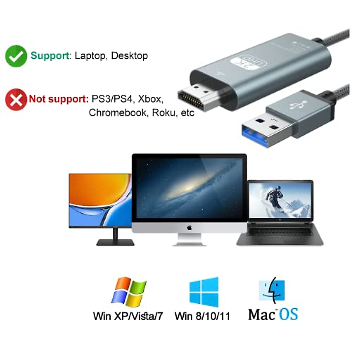 USB to HDMI Cable 6ft, USB 3.0 to HDMI Cable Adapter Male HD 1080P Monitor Suuport Audio Video for Monitor TV / Computer Mac OS Windows 10/8/7/Vista/XP