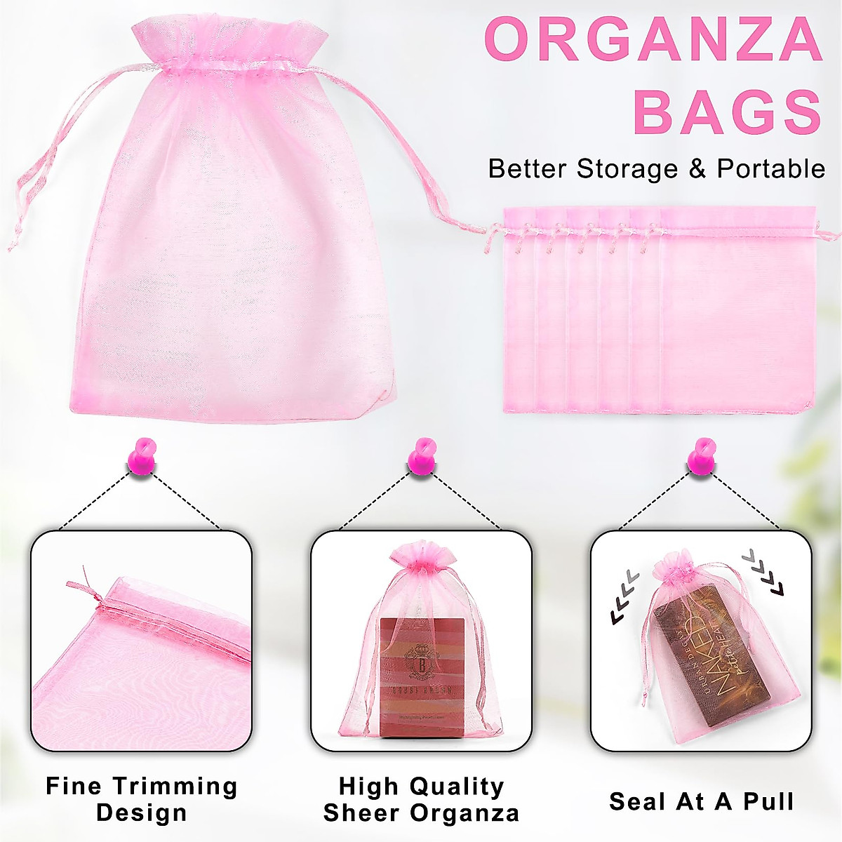 ANZNKU 50 Pack Organza Bags 4 x 6 inch Premium Sheer Drawstring Organza Bags for Candy Jewelry Party Wedding Christmas Favor Gift Bags (Pink)