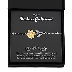 Valentine's Day Presents for Girlfriend, Bracelet for Girlfriend, Girlfriend Birthday Cute Gifts, Romantic Gift Ideas for Her, To My Badass Girlfriend 925 Sterling Silver Sunflower Bracelet For Women