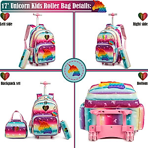 Egchescebo School Bags Kids Rolling Unicorn Backpack for Girls Luggage Suitcase With Wheels Trolley Wheeled Backpacks for Girls Travel Bags 17' 3PCS Toy With Lunch Box Pink