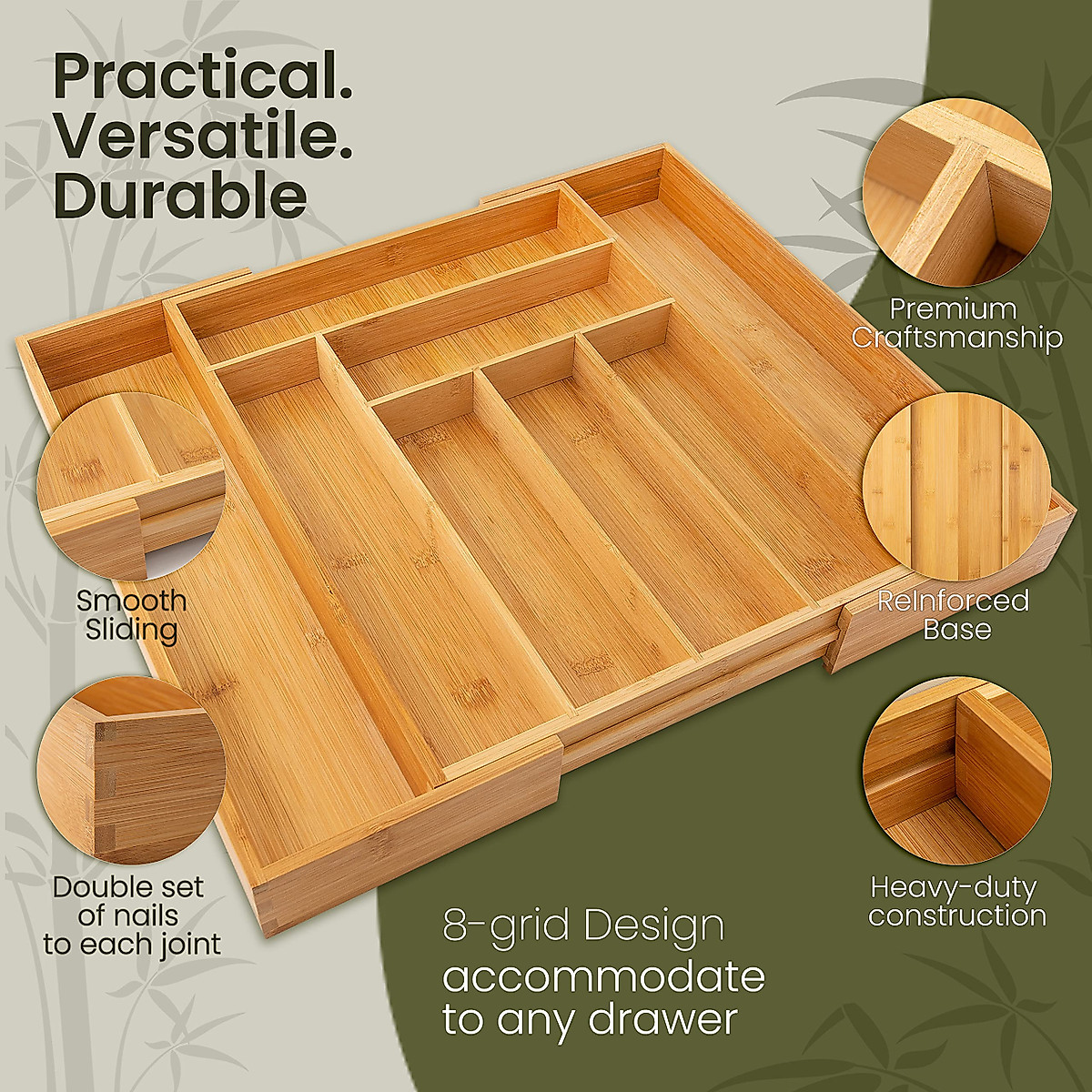 Bomba Bamboo Drawer Organizer – Premium Expandable Drawer Organizer for Cutlery and Kitchen Utensils – Natural Bamboo Wood Flatware and Cutlery Organizer – 8-Grid Silverware Tray for Drawer