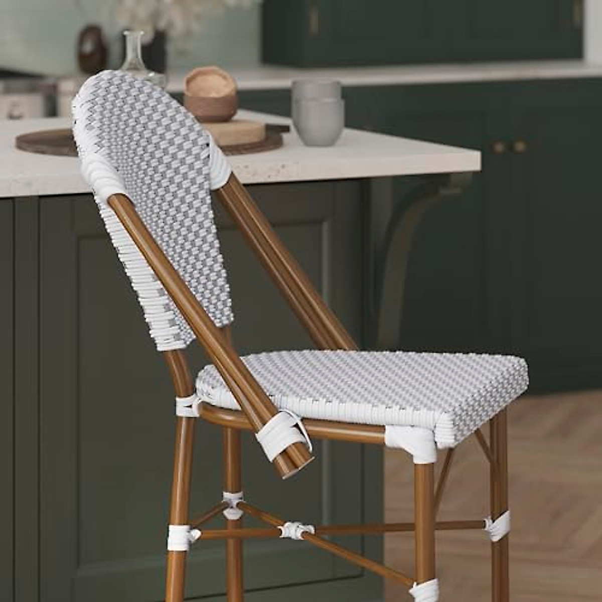 Flash Furniture Lourdes Commercial Grade Bistro Counter Height Stool, Stackable Indoor/Outdoor Dining Stool, 26" High, White/Gray and Bamboo Finish, Set of 2