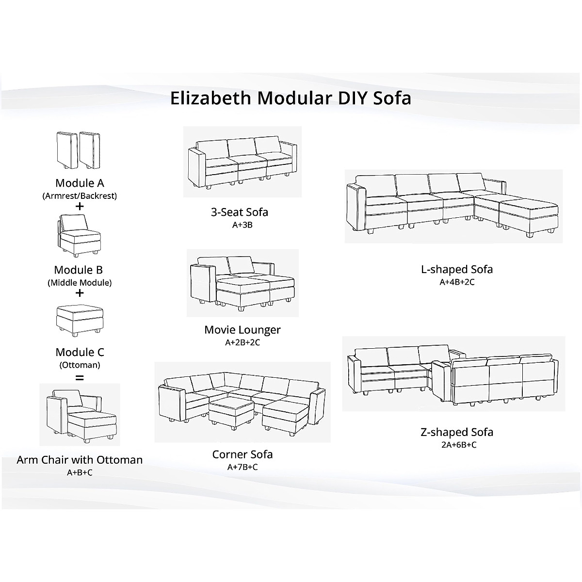 Naomi Home Modular Sofa Middle Module with Storage Accent Armless Chair for Modular Sofa Customizable Sectional Sofa Couch Accent Armless Chair, Linen, White Down