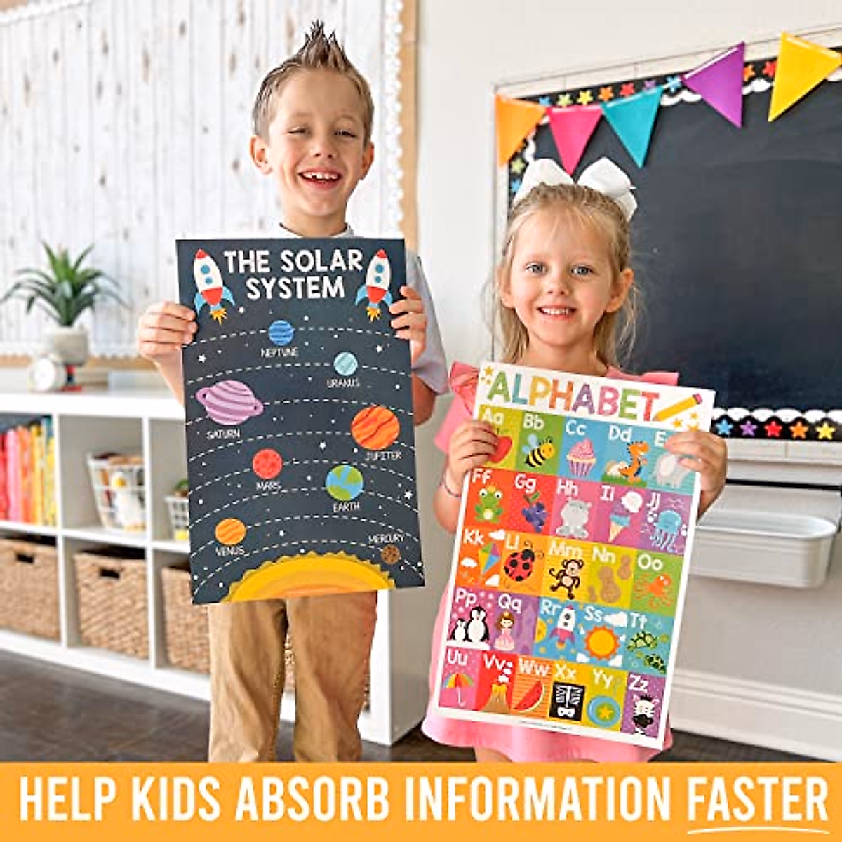 Hadley Designs 4 Alphabet, Map of United States, World Map, Solar System, ABC Posters Toddlers Wall Decor, Planets For Kid, US Map Laminated Kindergarten Classroom Prek Homeschool Supplies 11x17