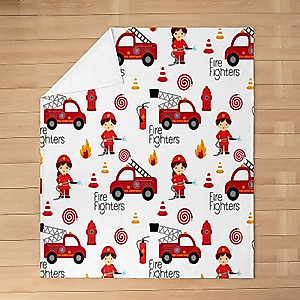 Feelyou Fire Truck Flannel Fleece Blanket Cartoon Car Firemen Car Vehicle Pattern Plush Throw Blanket, for Children Firefighter Red White All Season,Bed Blanket Room Decor Room Decor Twin 60"x80"