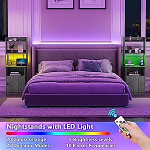 Clikuutory 47" Tall Nightstand with Charging Station & LED Lights, Large Nightstand with Adjustable Bookshelf, Modern Bedside Table with Storage Cabinet for Bedroom, Home Office, Grey