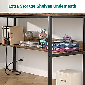 Hyomdeck Reversible L Shaped Computer Desk with Power Outlets and USB Charging Ports, Sturdy Corner Desks with Storage Shelf, Modern Work Gaming Table for Home Office, Easy to Assemble, Rustic Brown