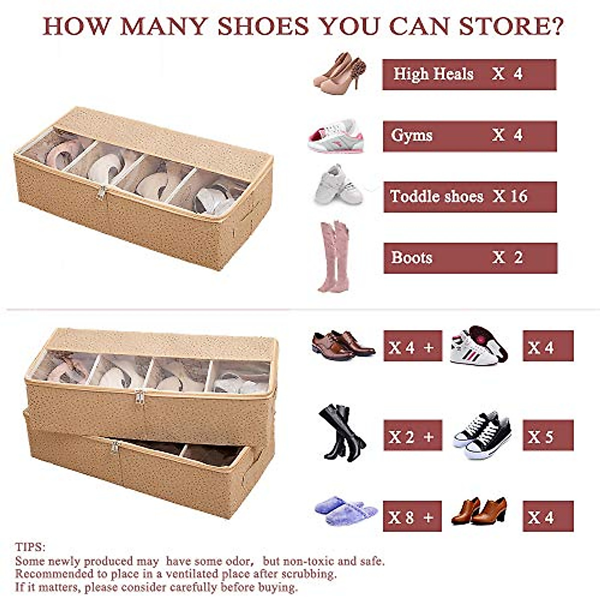 Shoe Storage Under the Bed with Adjustable Dividers,Clear Cover, Sturdy Zipper&Handle,Sides Include Cardboard,Stackable Under bed Shoe organizer, Greate Under bed Shoe Storage Solution,2PCS