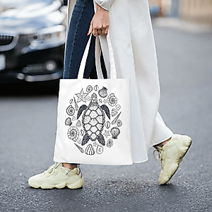 TifyDon Canvas Tote Bag,Tropical Turtle Shells Reusable Large Shopping Shoulder Tote Bag For Women,Sea Art Style Top View Ocean Boho Doodle Tribal Artwork Carapace Beach Tote Bags Bulk