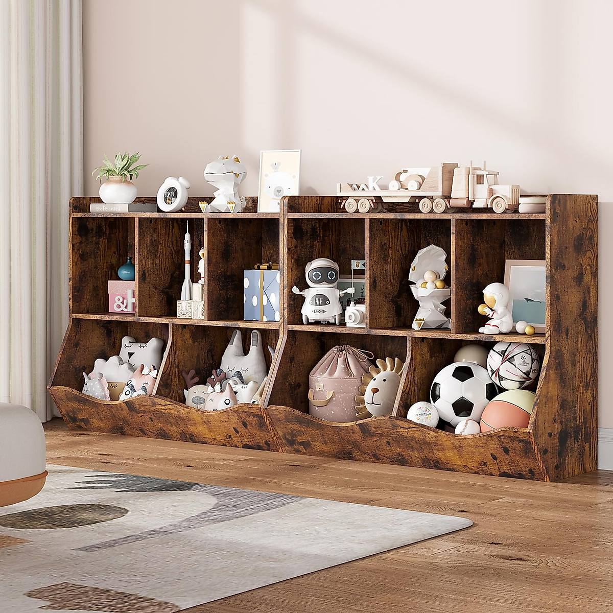 IDEALHOUSE Toy Bookshelf and Bookcase, Multi Shelf with Cubby Organizer Cabinet for Storage Books and Toys, for Bedroom, Playroom, Hallway (Retro Brown)